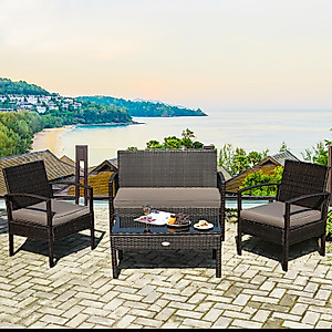 Toolsempire Outdoor Conversation Set 4 Pieces Patio Furniture, Wicker Patio Chair Sofa Set with Water-Resistant Dark-Brown Cushion & Tempered Glass Table for Backyard, Balcony, Porch(Brown)