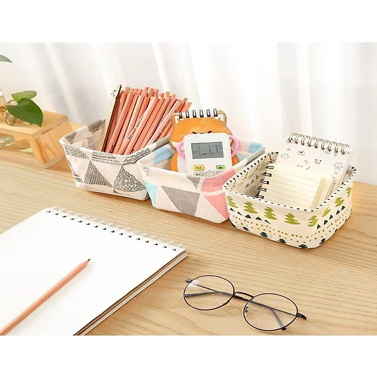 Desktop Waterproof Mini Canvas Storage Basket Bins Organizer Makeup Sundries Storage Box for Brush Pen Lipstick Hair ring Holder Drawer divider (A combination)