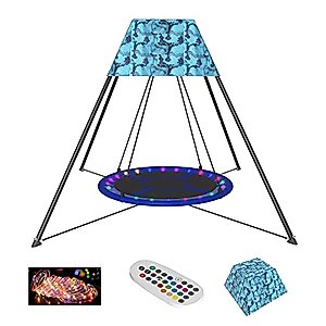 Pvillez 43 Inch Nest Swing Set, Nest Swing Stand with Oxford Tent and Nest Swing and LED Strips, Saucer Swing Set with Heavy Duty Galvanized Steel Frame for Kids for Garden Backyard Playground