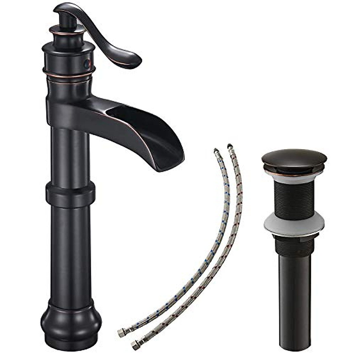 BATHLAVISH Bathroom Vessel Sink Faucet Oil Rubbed Bronze Black Farmhouse Waterfall Single Hole Tall with Pop Up Drain Assembly Without Overflow One Hole Mixer Tap Deck Mount Commercial