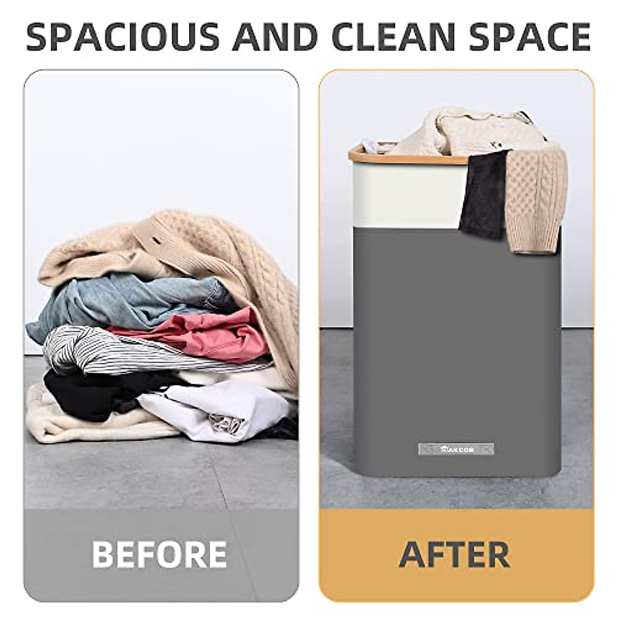 DAKCOS Laundry Basket with Bamboo Handles,80L Collapsible Laundry Hamper,Dirty Clothes Hamper for Bedroom, Bathroom,White-grey