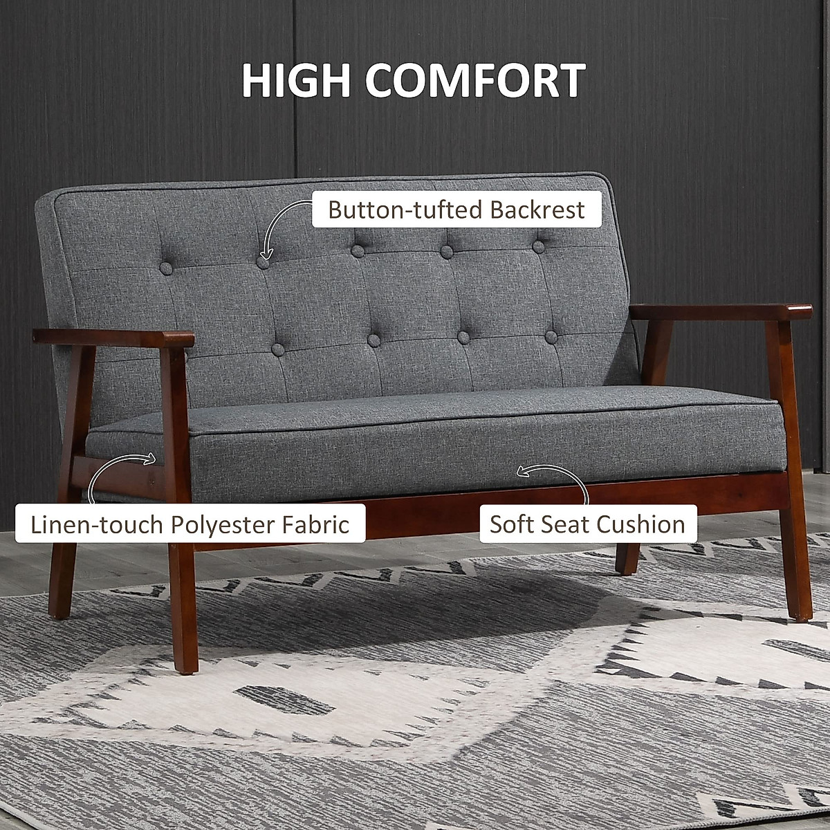 HOMCOM Modern Upholstered 2-Seat Loveseat Sofa with Linen-Touch Fabric and Rubberwood Legs, Grey