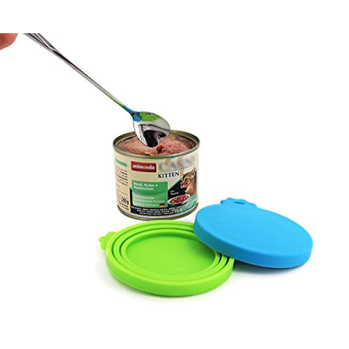 Comtim Pet Food Can Lids, Silicone Can Lids Covers for Dog and Cat Food, Universal Size Fits All Standard Size Dog and Cat Can Tops (3 Pack & Spoon, Multi-Colored)