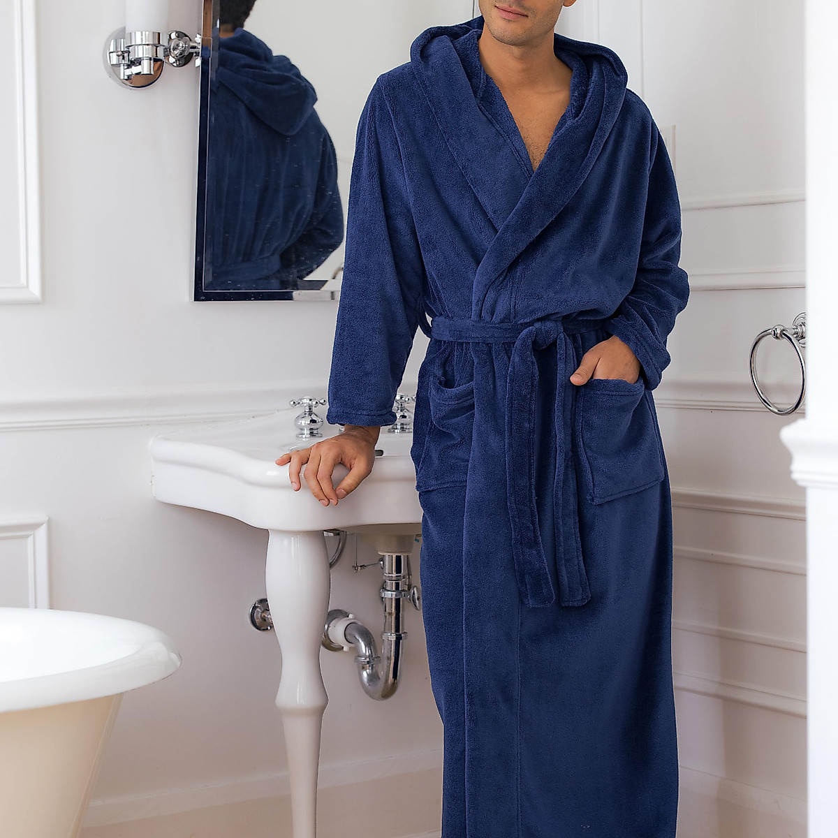 Alexander Del Rossa Mens Robe, Plush Fleece Hooded Bathrobe Men, Men's Bathrobes, Big and Tall Bath Robe for Men Navy Blue 2XL (A0125NBL2X)