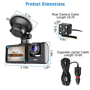 TeqHome 3 Channel Dash Cam Front and Rear Inside, 1080P FHD Dash Camera for Cars, Three Way Triple Dashcam Car Camera Recorder with IR Night Vision, Loop Recording, WDR, 24H Parking Monitor, G-Sensor