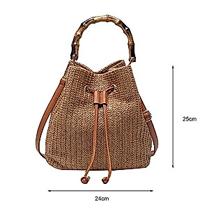 Women Straw Shoulder Bag Beach Woven Tote Bag Crossbody Bucket Handbags Summer Handmade Hobo Purse Bamboo Handle (C)