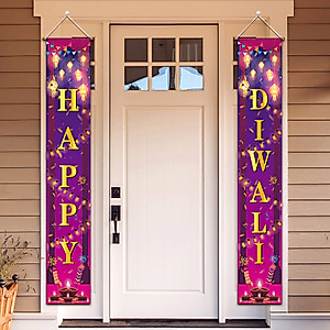 ANVAVO Happy Diwali Hanging Banner Festival of Lights Porch Sign Banner Polyester Diwali Wall Banner Outdoor Decor Indian Diwali Party Supplies