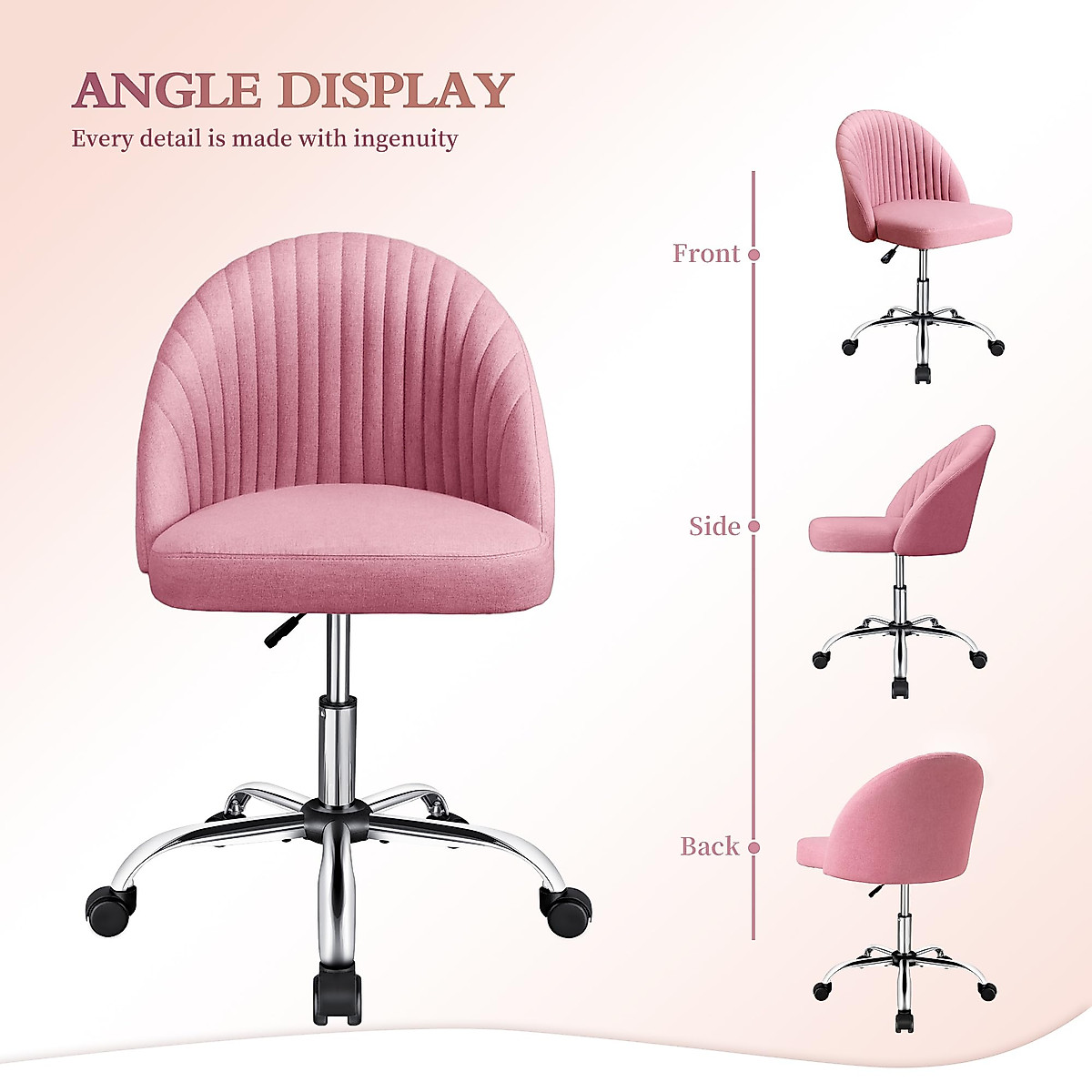 JUMMICO Home Office Desk Chair Vanity Chair Twill Upholstered Adjustable Mid-Back Armless Swivel Task Chair Modern Fabric Office Chairs with Wheels for Bedroom, Living Room, Make-up (Pink)