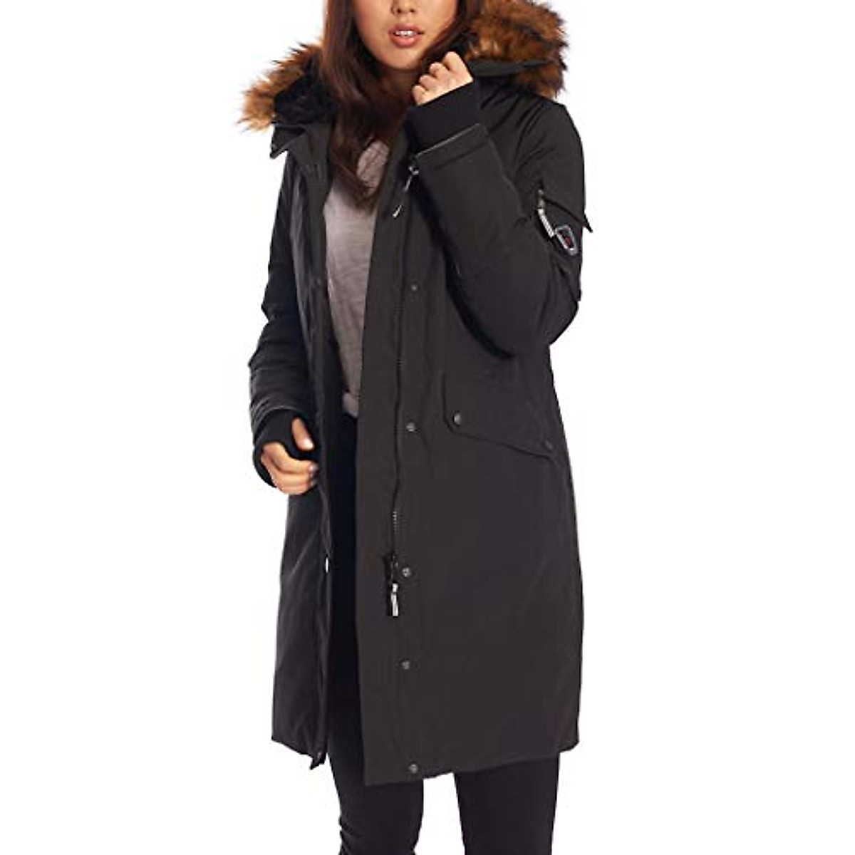 Alpine North Women's Vegan Down Long Parka Winter Jacket, Black, X-Small