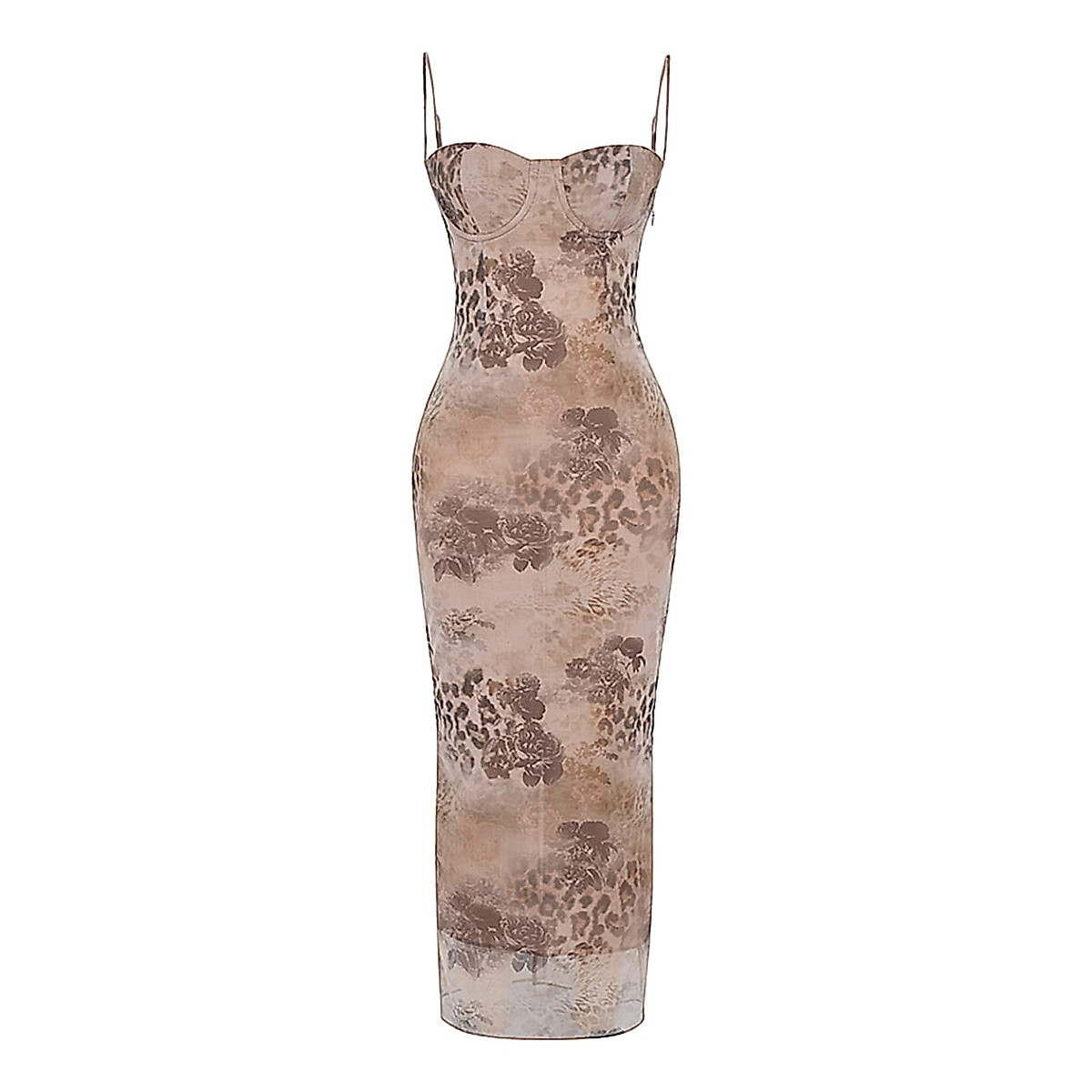 Women' Summer Floral Maxi Dress Vintage Spaghetti Strap Backless Bodycon Long Dresses Evening Party Midi Dress (Retro Brown, L)