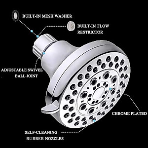 High Presssure Shower head, Premium Chrome Bathroom Fixed Showerhead, 5 Spray Settings Showerheads for Low Water Flow- Excellent Shower Head Replacement for Luxury Shower Experience