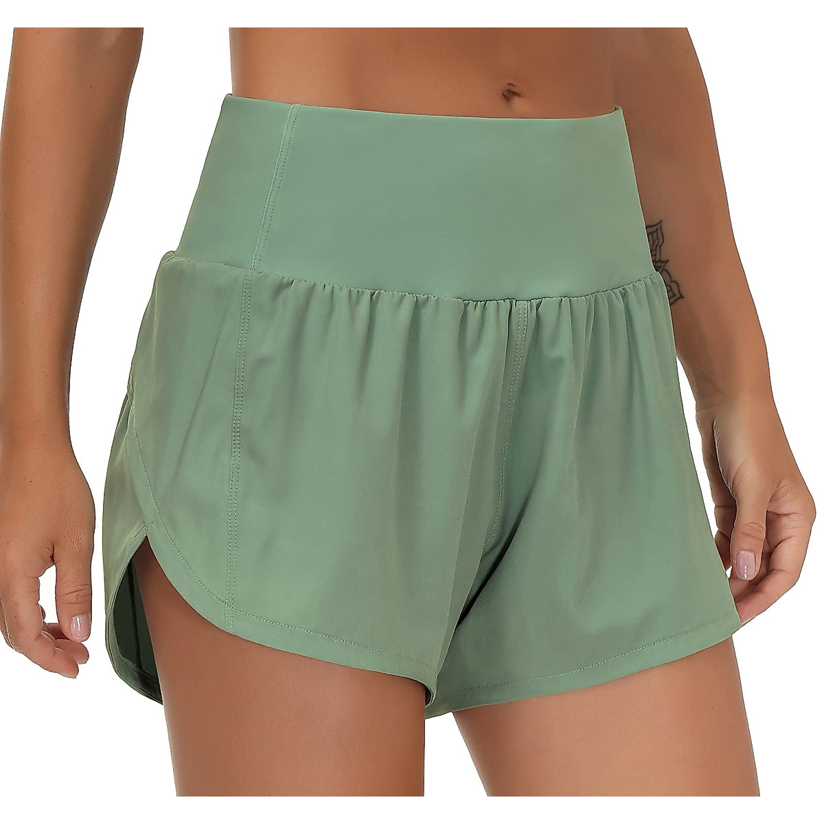 THE GYM PEOPLE Womens High Waisted Running Shorts Quick Dry Athletic Workout Shorts with Mesh Liner Zipper Pockets (Jasmine Green, Medium)