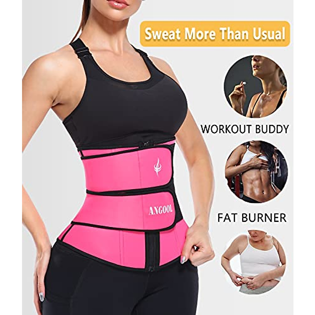 ANGOOL Neopren Waist Trainer for Women,Workout Plus Size Trimmer Belt Sauna Sweat Corset Cincher with Zipper L Pink