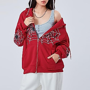 Axupico Women Y2k Zip Up Hoodie Long Sleeve Spider Web Thick Hoodies With Pockets Vintage Harajuku Clothing (Red, S)