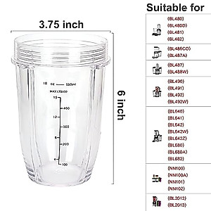 Ninja Blender Cups, Ninja Blender Cups Replacement, Ninja Replacement Cups for BL480 BL490 BL640 BL680 Auto IQ Blender, 18 oz