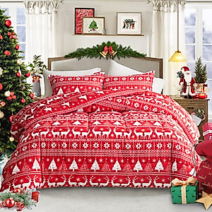 Flysheep Christmas Comforter Set 3 Pieces Twin Size 68x88 inches, Red White Snowflake and Deers Trees Reversible Design, Soft Microfiber Lightweight Bedding Sets for Kids