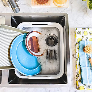 AAKitchen Collapsible Dish Pans Portable Washing Basin Dish Pan with Handle Foldable Strainer Wash and Drain Dish Tub Drainer over Sink Colander Draining Basket for RV Car (White/Grey)