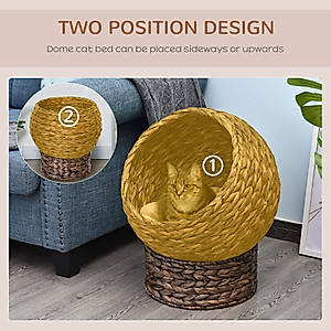 PawHut Handwoven Elevated Cat Bed with Soft Cushion & Cat Egg Chair Shape, Cat Basket Bed Kitty House with Stand, Raised Wicker Cat Bed for Indoor Cats, 23.5" H, Grey