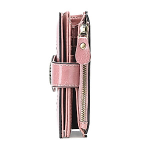 Women Wallet Pouch Purse Genuine Leather Bifold ID Window Credit Debit Card Holder RFID Protected with Gift Box (Pink)