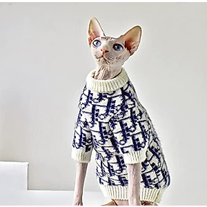 Sphynx Cat Clothes,Sphynx Hairless Cats Turtleneck Sweater Blue Line Aesthetic Design, Breathable Cat Wear Clothes Sweater for Sphynx, Cornish Rex, Devon Rex, Peterbald (L)