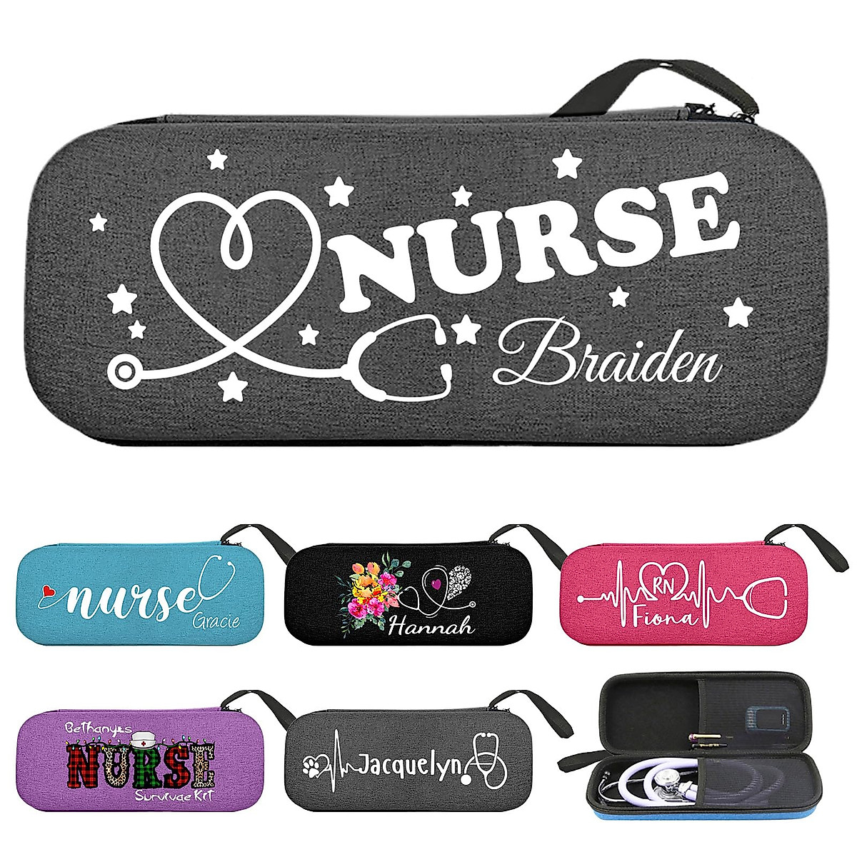 Personalized Stethoscope Case Gray Customized Name for Nurses,Custom Stethoscope Holder Case Lightweight Hard Carrying Storage Bag with Mesh Pocket Nurses Week Gift for Nurse Doctor Medical Assistant