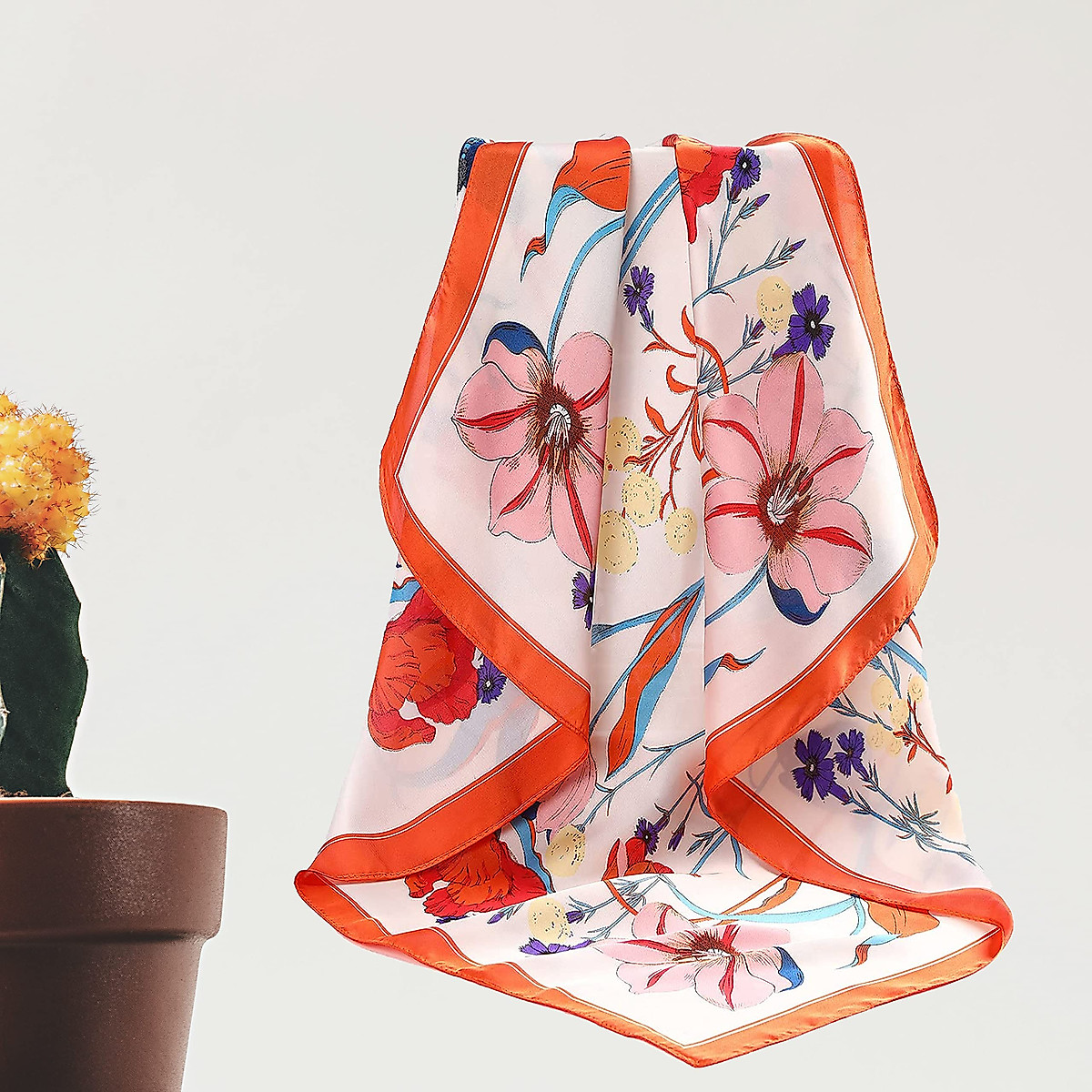 CHLINS 27 Inches Silk Feeling Square Head Scarf - 4 Pcs Satin Square Head Scarves for Women Hair Bandanas Head Kerchief Sleeping Wrap Neckerchief(Floral(White+Yellow+Black+Pink))