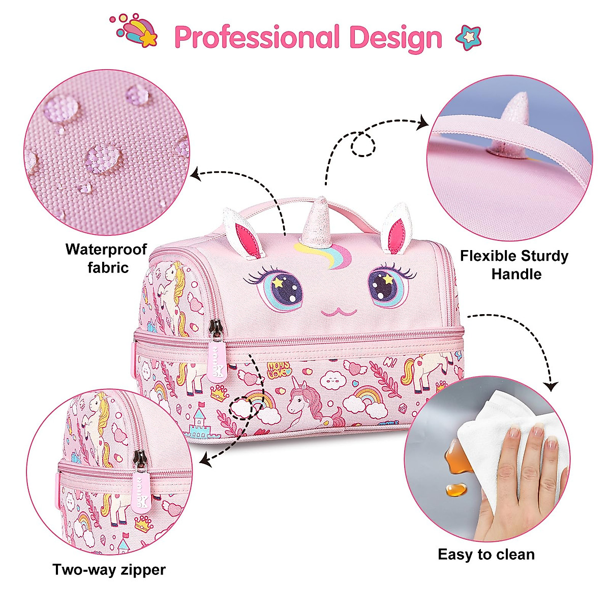 NOHOO Kids Lunch Bag, Insulated lunch bag Cooler Reusable Bilayer Lunch box tote for Women, Girls, Men, Boys, Schools, Offices, Work, Travel, Picnic,Party(Unicorn)