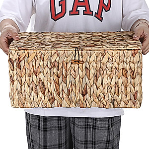 Hipiwe Wicker Storage Bins with Lid, X-Large Handwoven Water Hyacinth Wicker Baskets Rectangular Decorative Shelf Baskets Bin Built-in Handles Household Basket Boxes for Shelf Home Organizing