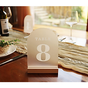 ORGANTEAM Frosted Arch Wedding Table Numbers with Wooden Stands 1-15, 5x7" Acrylic Signs and Holders, Perfect for Centerpiece, Reception, Decoration, Party, Anniversary, Event (Frosted, Number 1-15)