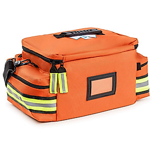 Scherber First Responder Fully-Stocked Professional Essentials EMT/EMS Trauma Kit | HSA/FSA Approved | Reflective Bag w/8 Zippered Pockets & Compartments & 200+ First Aid Supplies - Orange