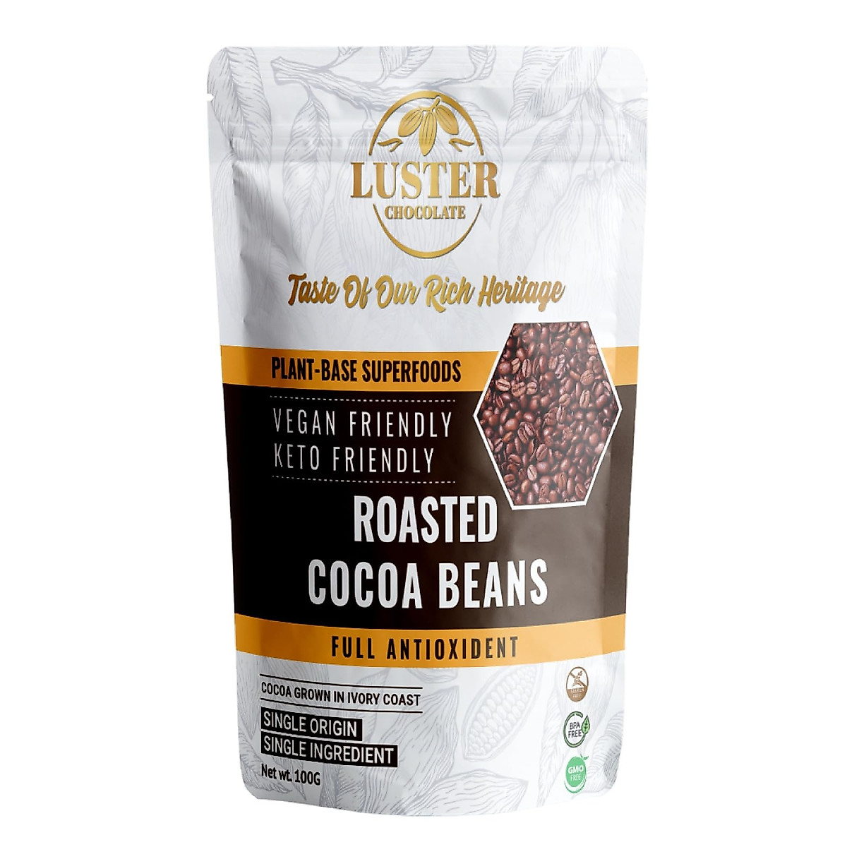 Luster Chocolate Roasted Cocoa Beans 100 g Chocolatey Flavor from Organic Cacao Beans - Non GMO & Gluten Free