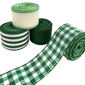 Llxieym St. Patrick's Day Wired Edge Ribbons Irish Ribbon Burlap Ribbon Green Buffalo Plaid Wrapping Gift Ribbon for St. Patrick's Day Decoration (24 Yards, Color B)