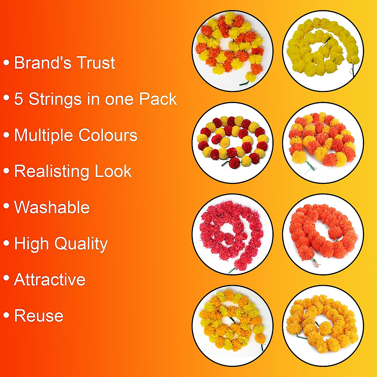 Artificial Marigold Garland for Decorations Pack of 5 - Marigold Flowers Garland for Christmas Wedding Christmas Tree New Year Ornaments (Light Yellow Red | 4 to 4.5ft) Hashcart®