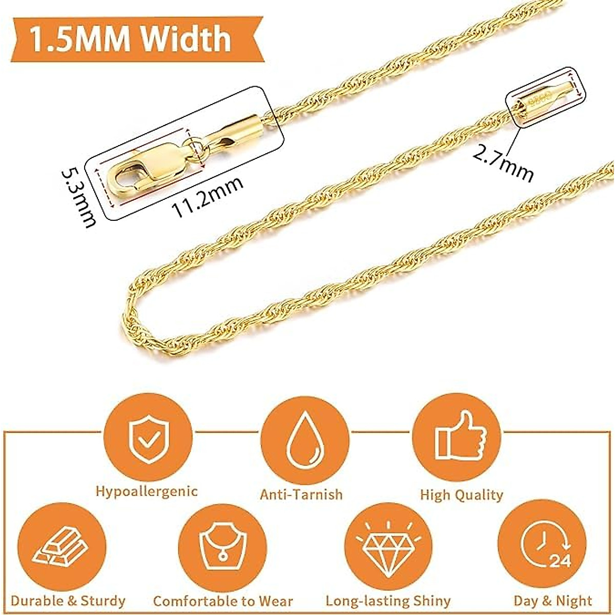 Andsion Solid 18k Gold Plated Necklace Over Rope Chain for Men，1.5MM Dainty Shiny Sturdy Women's Upgraded Lobster Clasp Rope Chain Necklace Italian Quality 20 Inch Choker Length