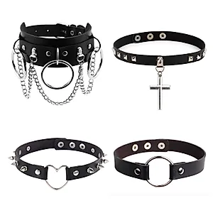 Faccubee Halloween Sexy Women Lady Girl Black Steampunk Gothic Goth Punk Rock Rivet Spike Studded Soft Leather Choker Collar Necklace Cosplay Night Club Party Costume Accessories Chocker Love Heart