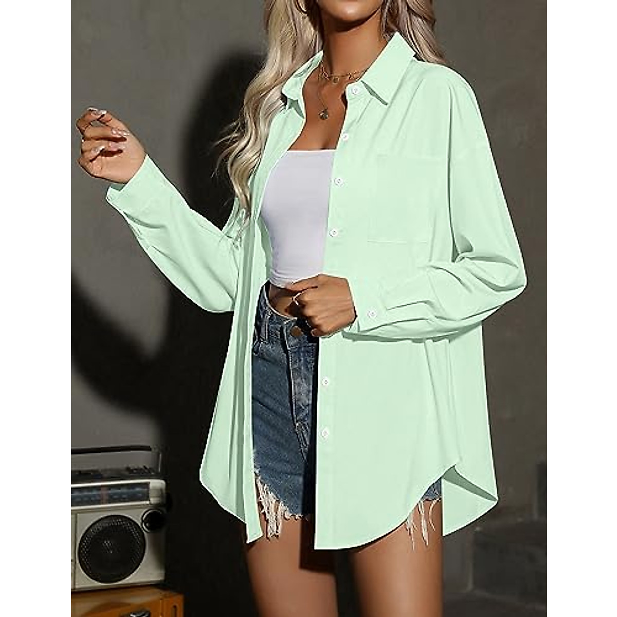 HOTOUCH Button Up Shirts for Women Long Sleeve Loose Collar Shirt Soft Boyfriend Blouses with Pockets Light Green XL
