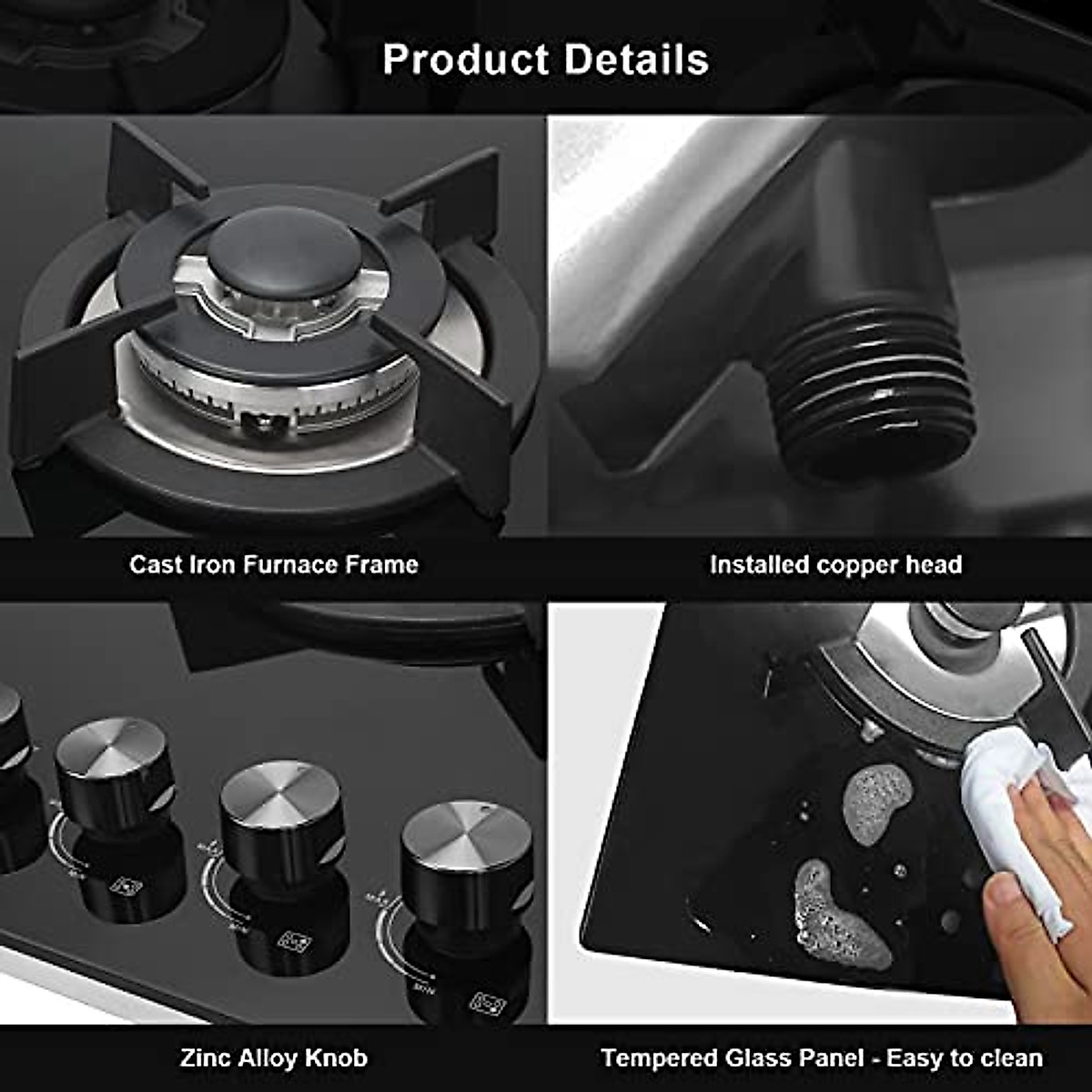 Gas Cooktop 30 inches 5 Burners in Tempered Glass, Built In Gas Stove Gas Hob Stovetop with Cast Iron Grates, LPG/NG Convertible and Easy to Clean
