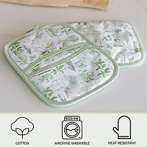 Sage+Stitch Heat Resistant Designer Pot Holders with Hand Pockets and Hanging Loops | Set of 2 100% Cotton Dual Function Kitchen Pot Holders and Trivets | 7'' x 9'' | Green Herbs