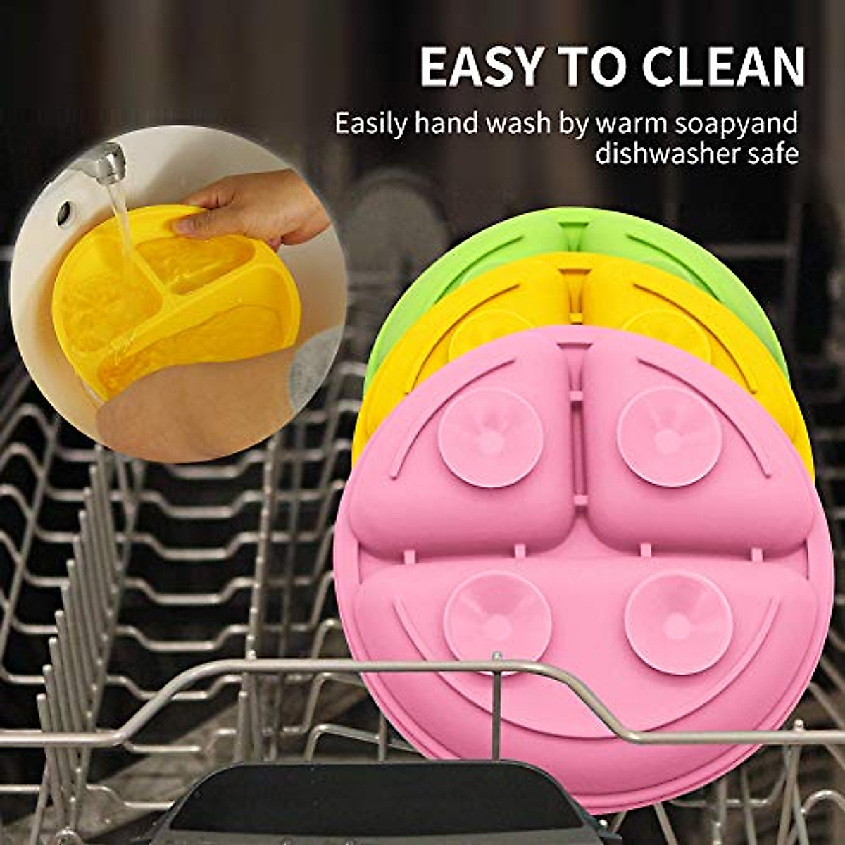 Wee me Suction Plates for Babies & Toddlers - Silicone Plates with Lids and Spoon Fork For Baby, Dishwasher and Microwave Oven Safe, 3 Pack (Green, Pink & Yellow)