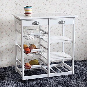 Kitchen Island Cart on Wheels,3 Tiers Rolling Utility Trolley Cart with 2 Drawers,Basket & Storage Shelf,Rolling Kitchen Island,Coffee Bar Microwave Stand Cart with Rolling Wheels for Kitchen(White)