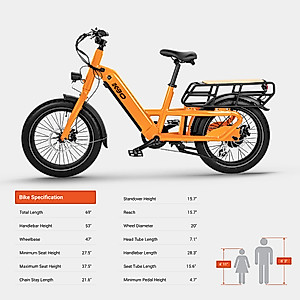 KBO Ranger Electric Bike 750W Cargo Ebike 48V 17.5Ah/840Wh Removable Battery 60Mi+ Range 400LBS Payload Capacity 20"x3" Fat Tire ebike 25mph 86Nm 7-Speed Cargo Bicycle 0-5 Level Pedal Assist