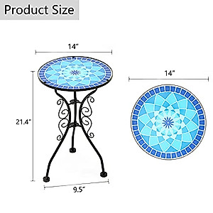 HL3NIGIM Outdoor Side Table, 14" Round Mosaic Patio Side Table Accent Table Bistro Coffee Glass Table Plant Stand for Garden Porch Living Room Balcony Deck Porch Pool