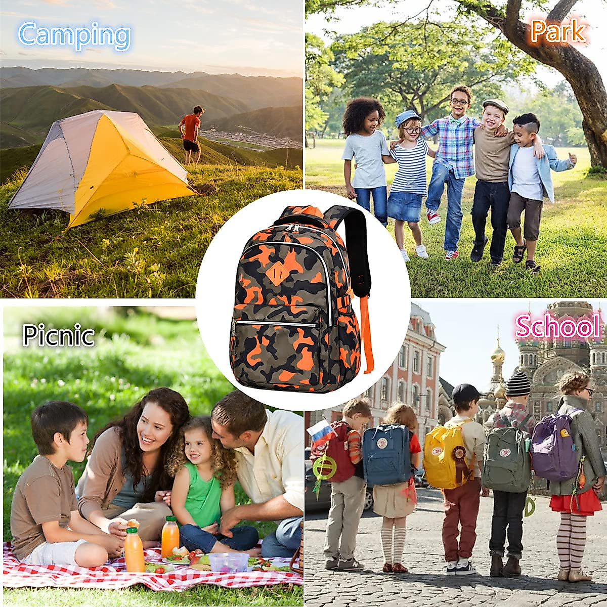 Yvechus School Backpack Casual Daypack Travel Outdoor Camouflage Backpack Christmas Presents for Boys and Girls (Camo Orange 2)