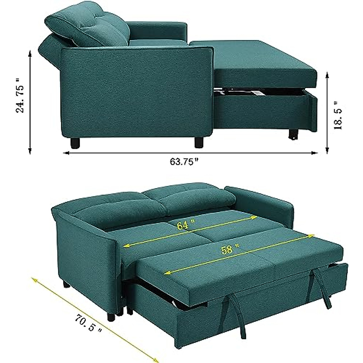 FULife 3 in 1 Convertible Pull Out Sleeper Sofa Bed Backrest,Upholstered 2-Seat Loveseat Futon Sofá,Multi-Functional Adjustable Single Chair,Lounge Recliner Couches for Living Room, Green 74.41" w