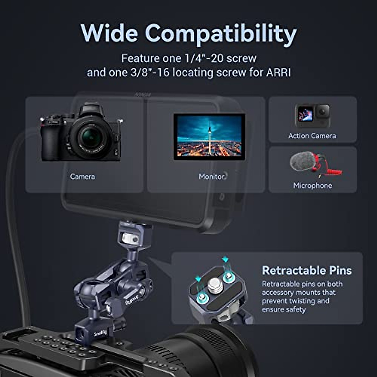 SmallRig Articulating Magic Arm with NATO Clamp and 1/4"-20 Screw (with Retractable Pins), 360 Degree Rotation, Max Load of 12 Ib Magic Arm for Field Monitor, Camera and Lights 3875