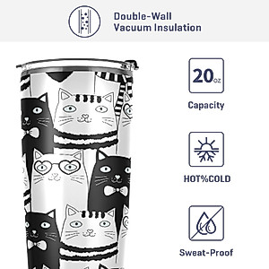 foixnub Black White Cat 20oz Tumbler Kitten Insulated Coffee Cup Wine Tumbler Stainless Steel Reusable Water Bottle Double Walled Travel Mug Thermal Cup for Hot Cold Drinks