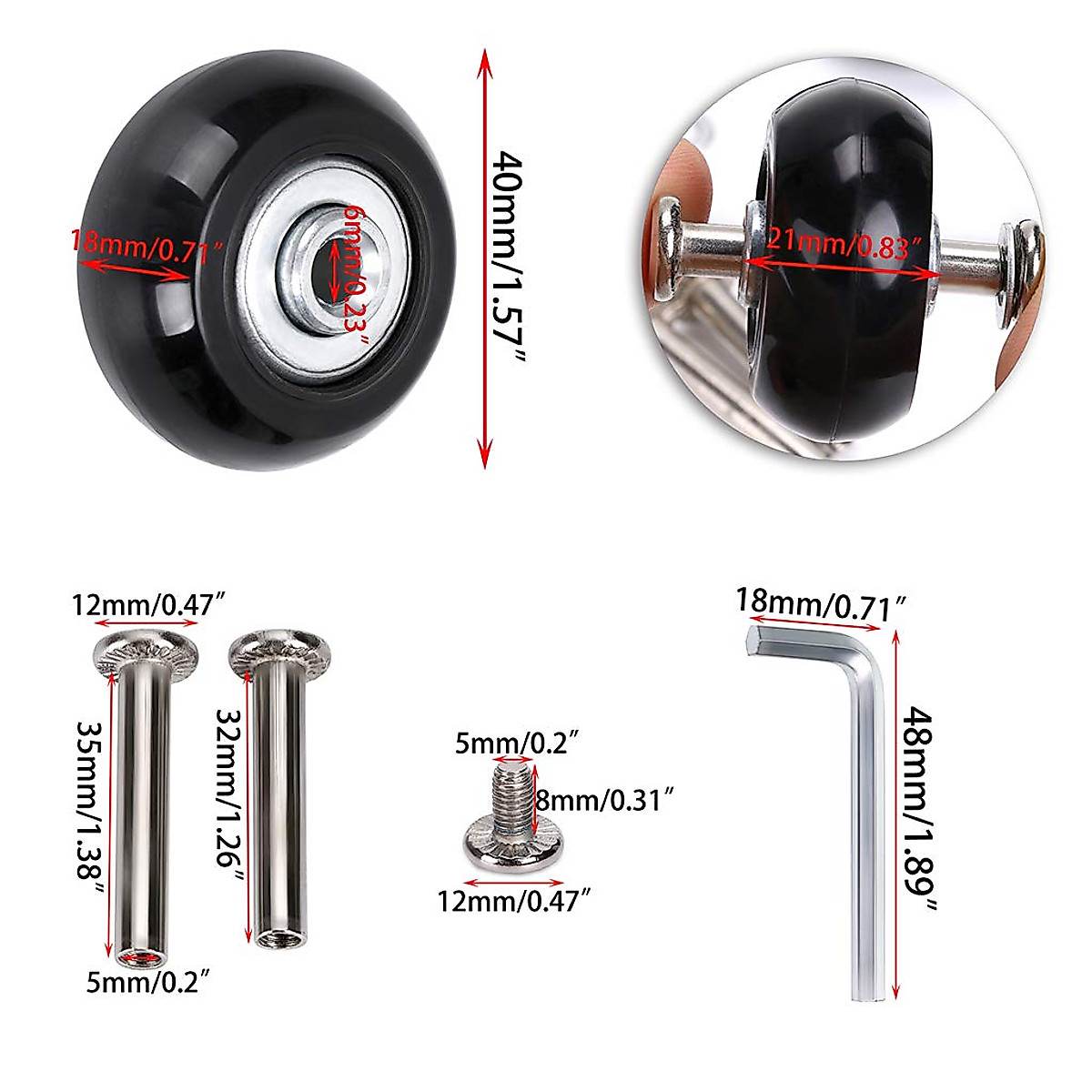 OwnMy 40mm x 18mm Luggage Suitcase Replacement Wheels, Rubber Swivel Caster Wheels Bearings Repair Kits, A Set of 4