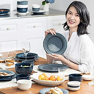 Dinnerware Set,46 Pieces White Blue Vertical Pattern Ceramics Dinner Sets Plates Bowls Combination for Family Party