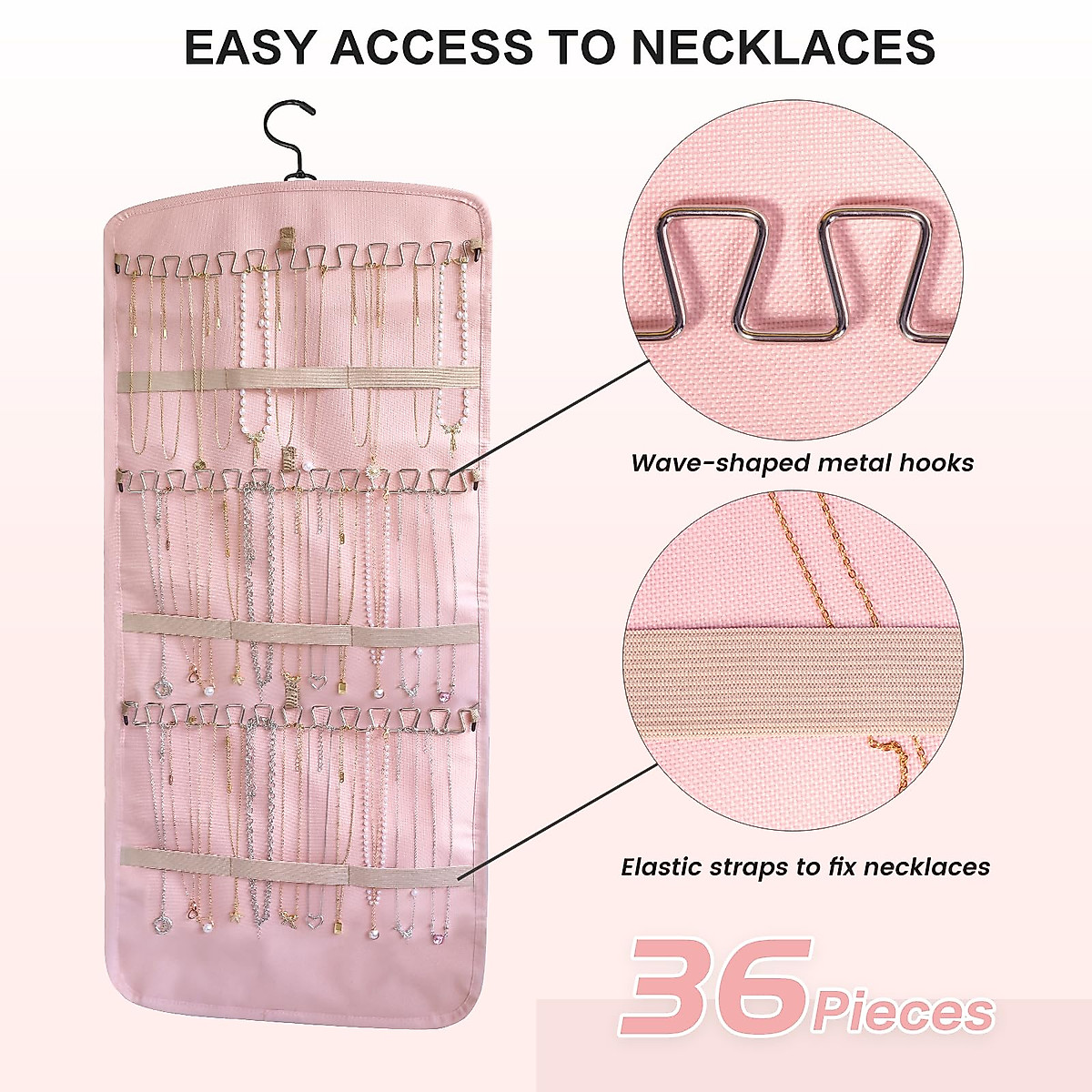Gurajo Hanging Jewelry Organizer Doubled-sided with Pockets & Hooks for Rings, Earrings, Necklaces, Hair Accessories Storage Roll, Closet Earring Holder Organizer for Wall, Door, Travel, 1 PCS, Pink