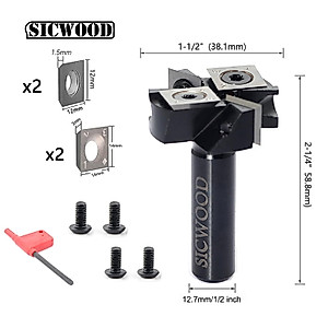 SICWOOD Slab Flattening Router Bits 1/2 Shank, 1-1/2”Cut Dia, 2+2 Insert Carbide, CNC Spoilboard Surfacing Router Bits, Planing Router Bits, for Flycutter/ Slab Leveler/ Rabbeting